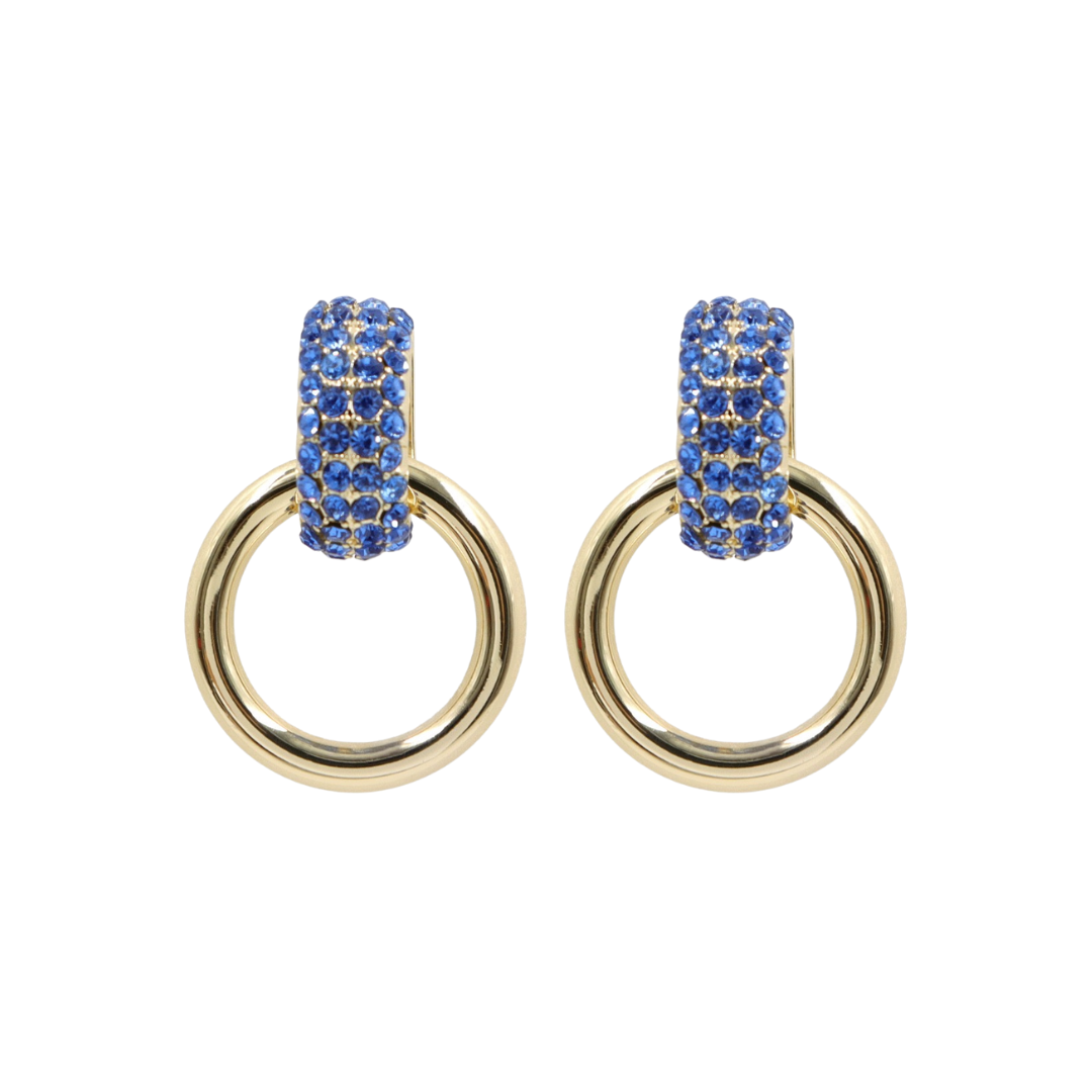 Blue Crystal & Gold Knocker Earrings - Statement Hoops - Brianna Cannon